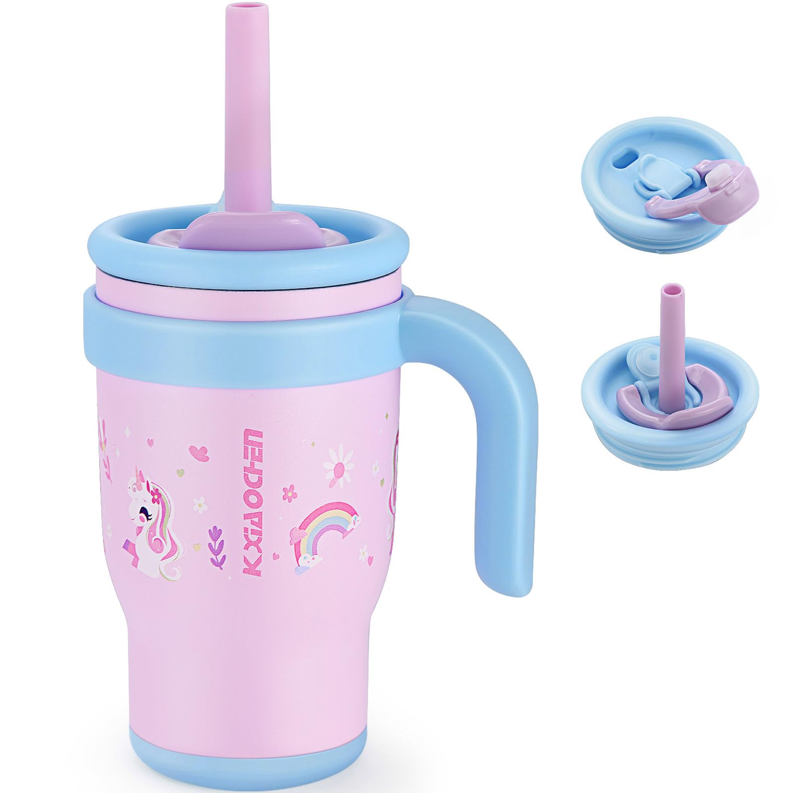 KXIAOCHEN 14 oz Kids Tumbler with Handle for Leakproof Insulated Stainless Steel Reusable Tumbler for Toddlers, Keeps Drinks Cold up to 24 Hrs, Pink Unicorn
