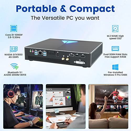 Kinupute Mini PC, Desktop Computer Core i9-10900F 2.8-5.2GHz, Windows 11 Pro, 64G DDR4 RAM| 1T NVME M.2 SSD, GeForce GTX1650 4G