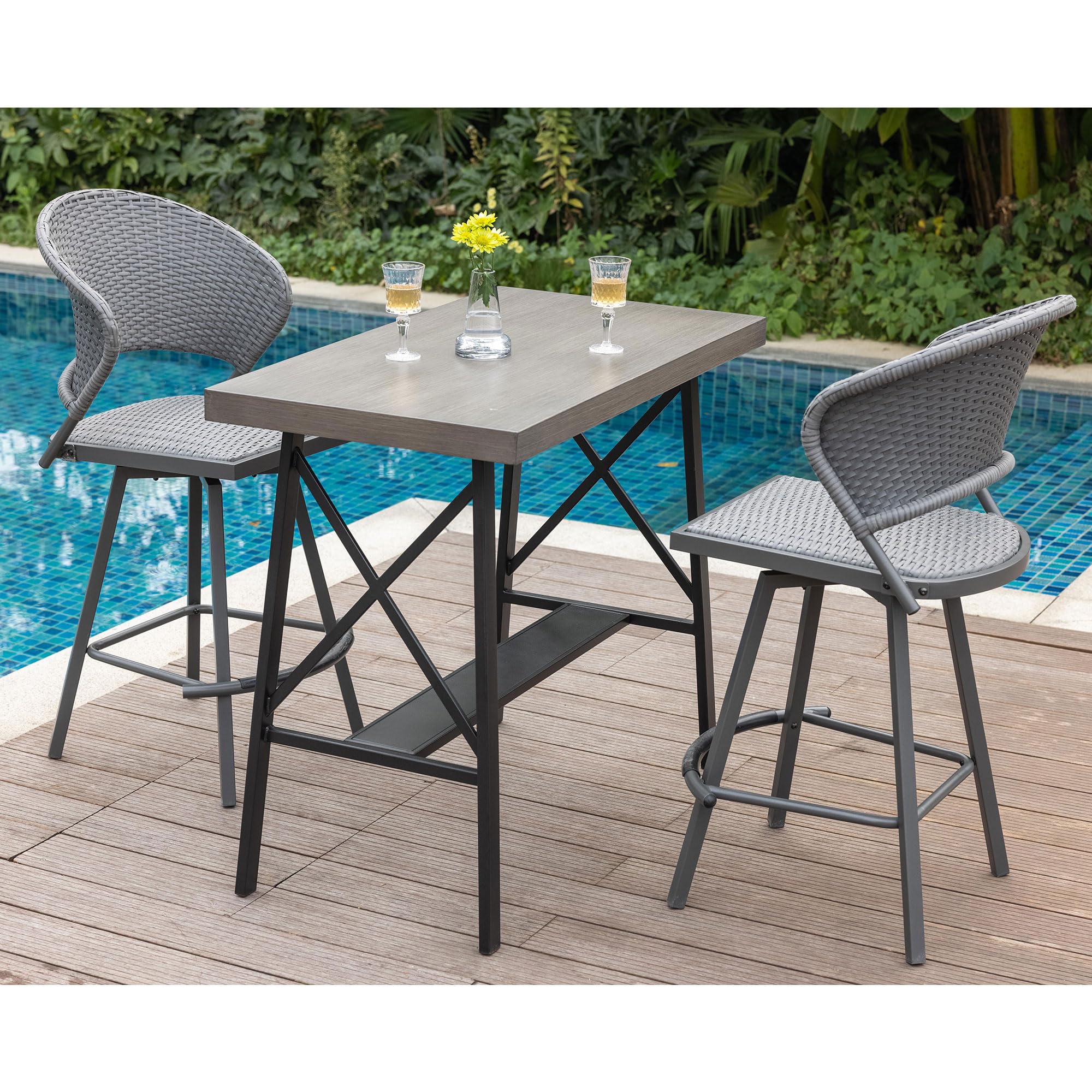 VICLLAX Outdoor Swivel Bar Stool Set of 6, Patio Bar Chairs Metal Counter Height Bar Stools Wicker Barstools for Garden Balcony Porch, Light Grey
