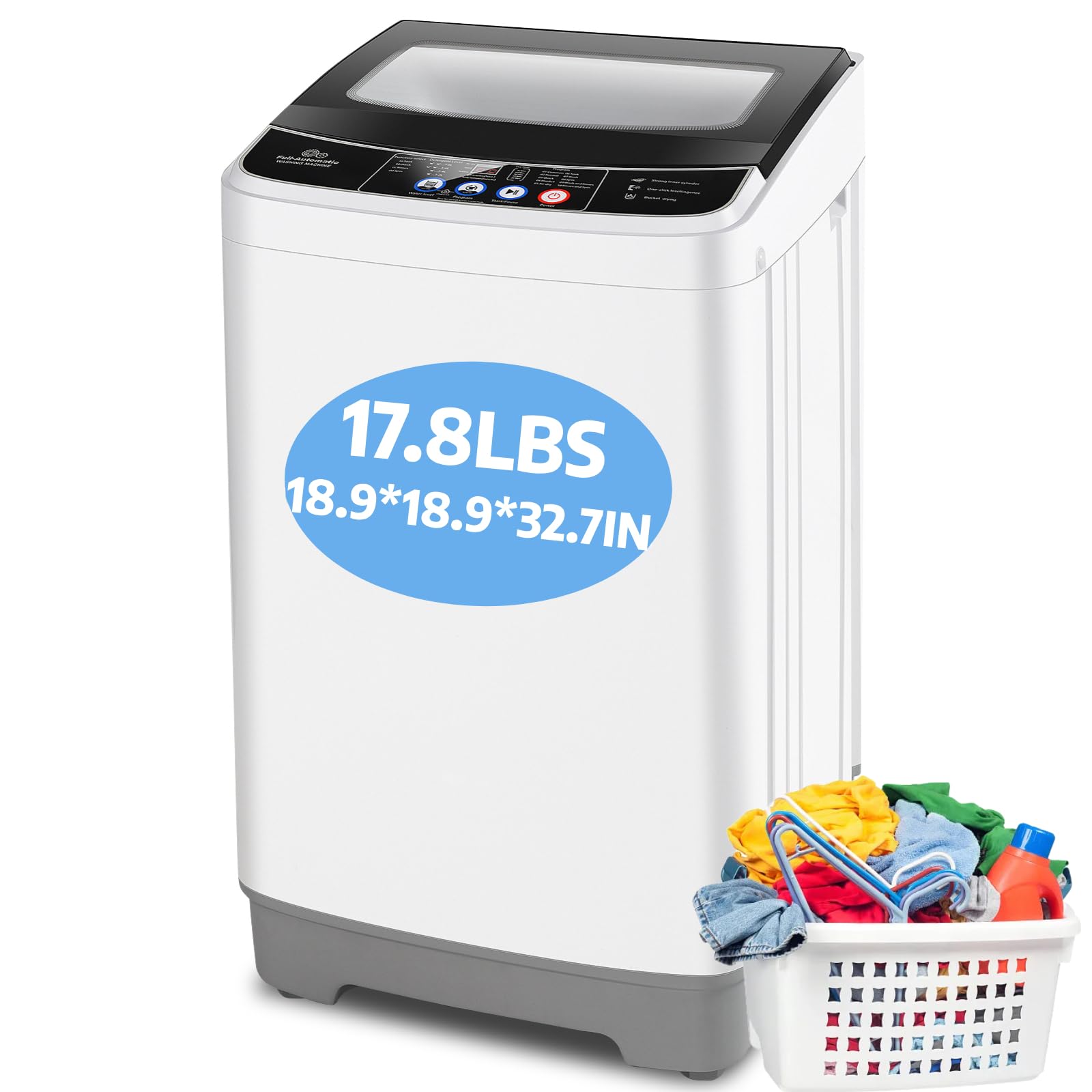 Nictemaw Portable Washing Machine 17.8 Lbs Full Automatic Portable Washer 2.4 Cu.ft Compact Laundry Washer with 10 Programs & 8 Water Levels, Glass Top Lid, Drain Pump, Ideal for Apartment, Home, RVs