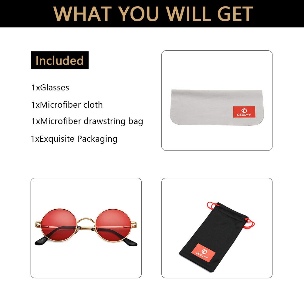 DeBuff Retro Round Polarized Sunglasses for Women Men Small Lennon Style Hippie Sun Glasses (gold frame, ocean red lens)