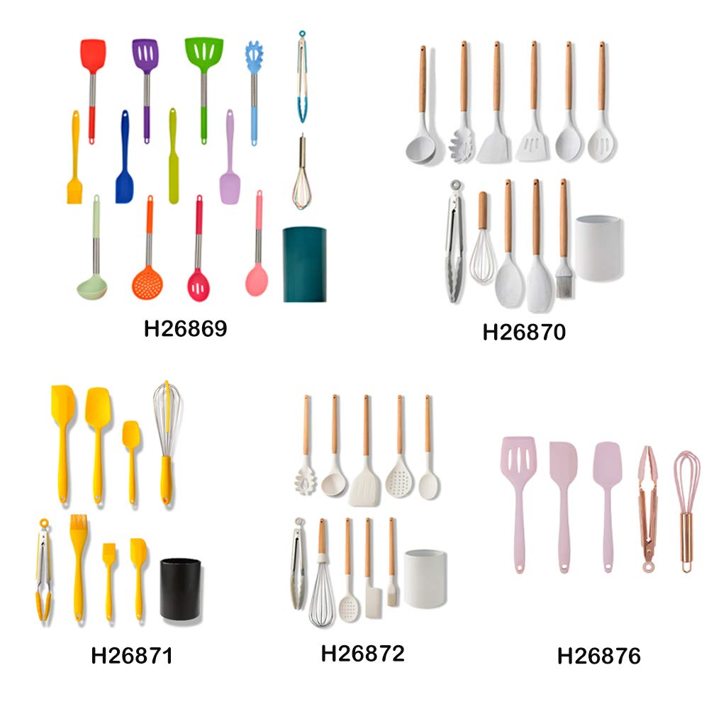 dsfen Silicone Cooking Utensil Set Non-stick Kitchen Utensils Set 10 PCS Heat Resistant Kitchen Tools with Wooden Handle