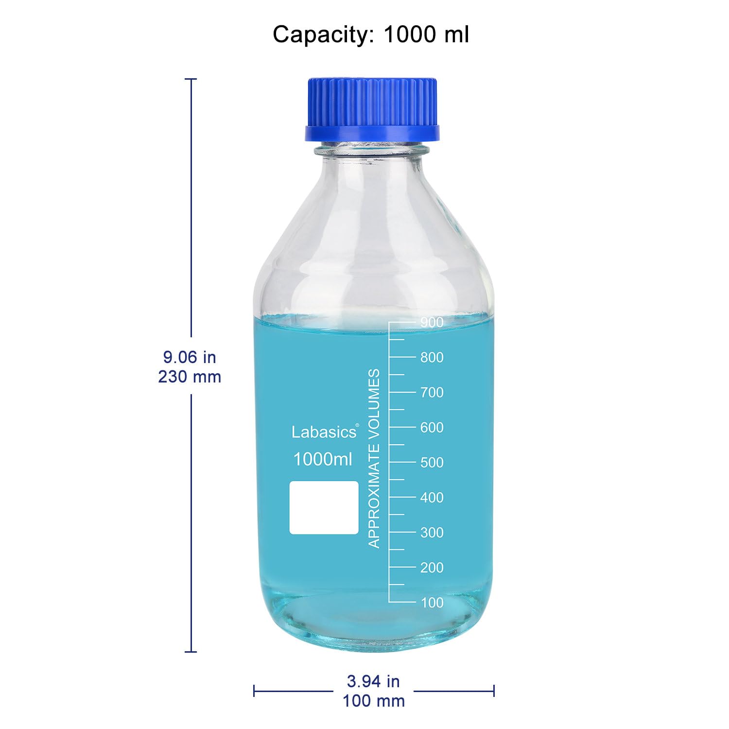 Labasics Round Media Storage Bottles with GL45 Blue Screw Cap, Glass Clear Wide Mouth Graduated Round Reagent Media Storage Lab Glass Bottle, 1000 ml