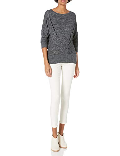 Daily Ritual Women's Cozy Knit Pleat Front Draped Sweatshirt, Black Marl, Small