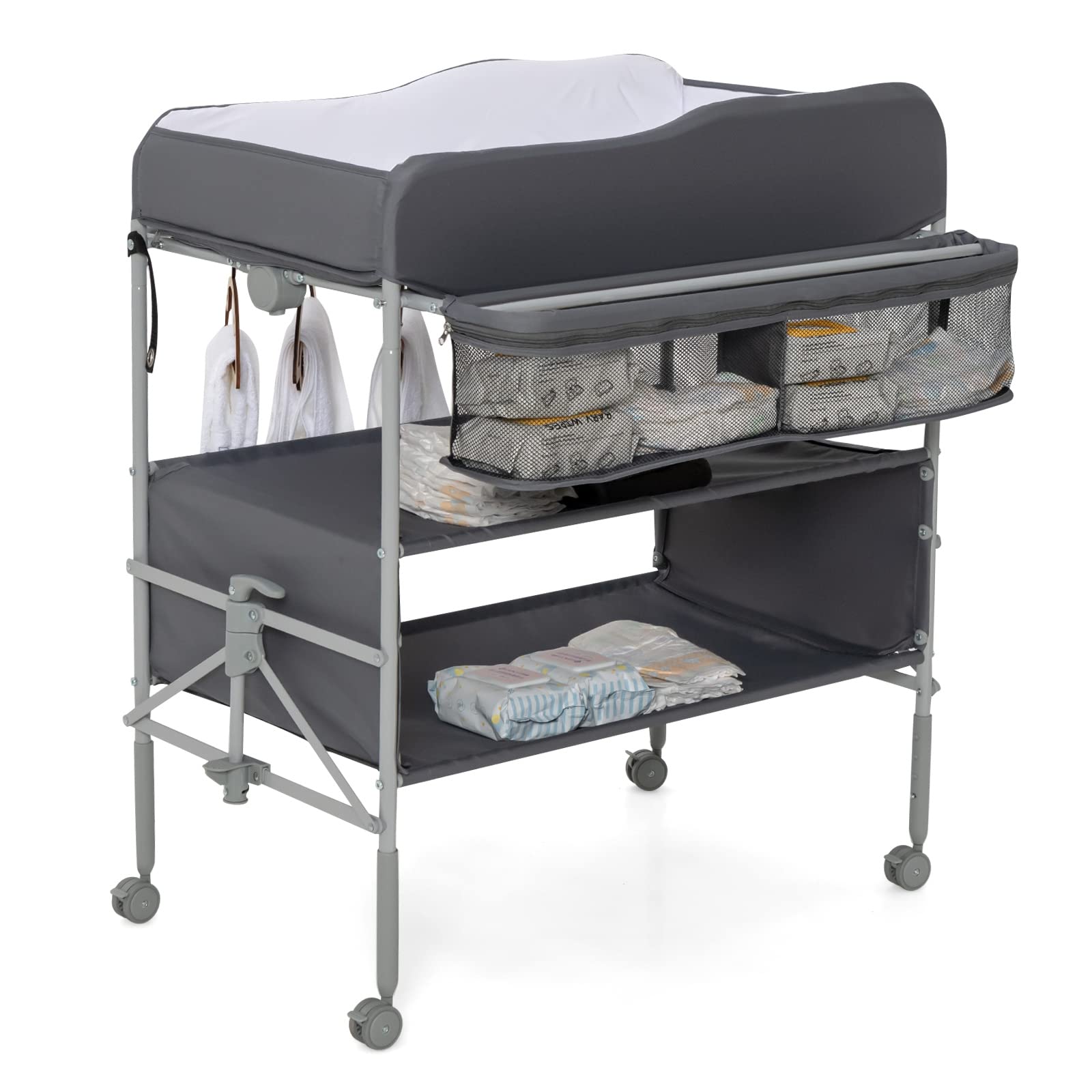HONEY JOY Portable Baby Changing Table, 3-Tier Foldable Changing Station w/Wheels for Infant, Waterproof Diaper Changing Pad, 4 Adjustable Heights, Side Storage Basket for Newborn Essentials (Gray)