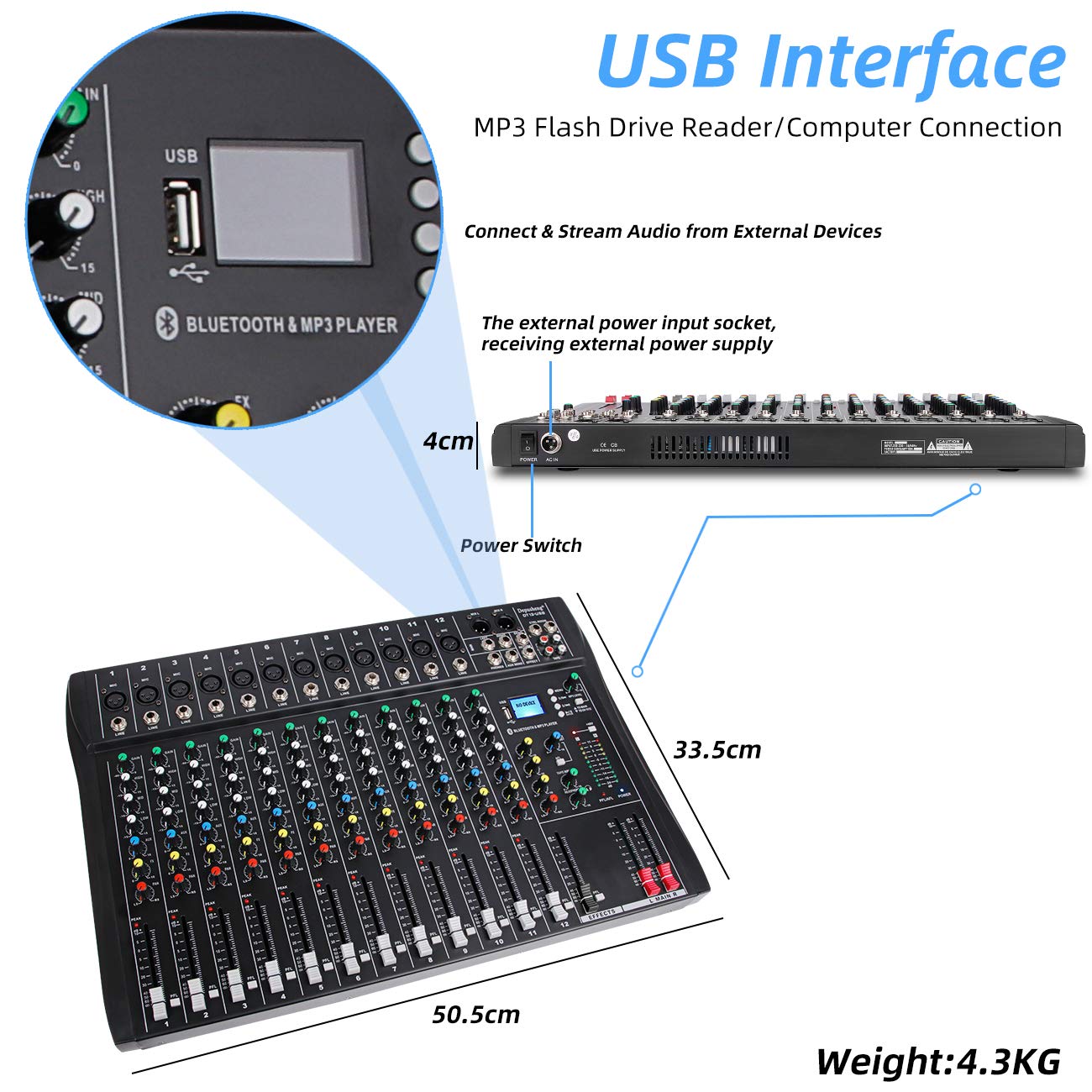 Depusheng DT12 Studio Audio Mixer 12-Channel DJ Sound Controller Interface w/USB Drive for Computer Recording Input, XLR Microphone Jack, 48V Power, RCA Input/Output for Professional and Beginners