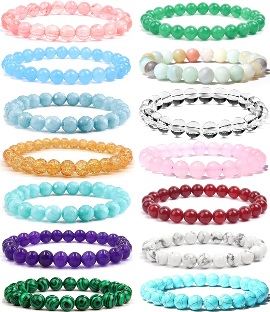 FINZOR 14Pcs 8MM Stone Beaded Bracelets for Women Men Semi-Precious Gemstones Bracelets Crystal Beaded Bracelet Unisex Adjustable Stretch Bracelets