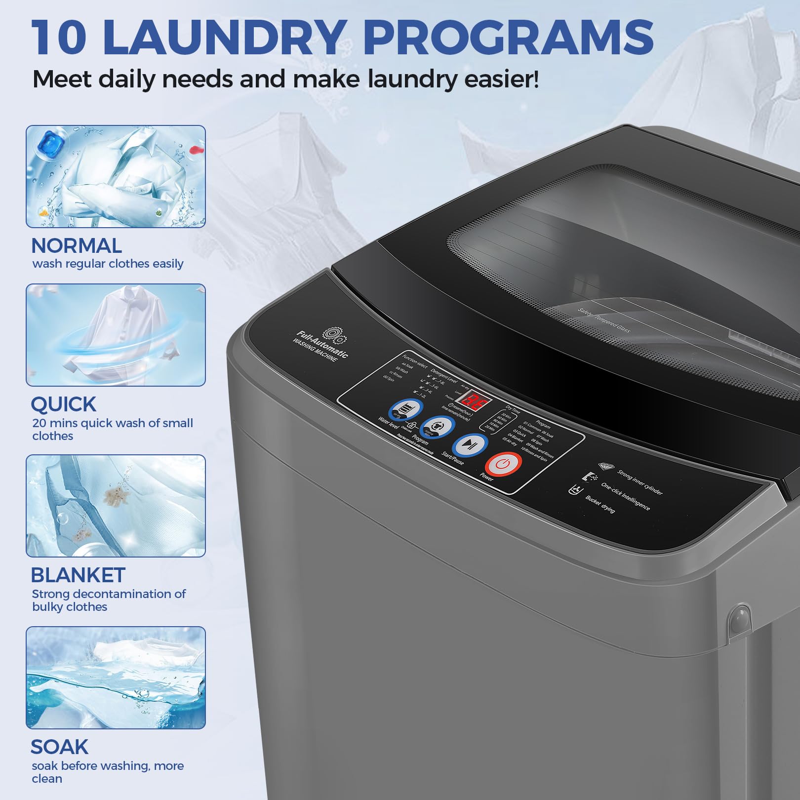 Nictemaw Portable Washing Machine, 20Lbs Capacity Full-Automatic Portable Washer Machine, 2.8Cu.ft Washer and Dryer Combo with 10 Programs & 8 Water Levels for Apartment, Dorms, RV-Glass Cover