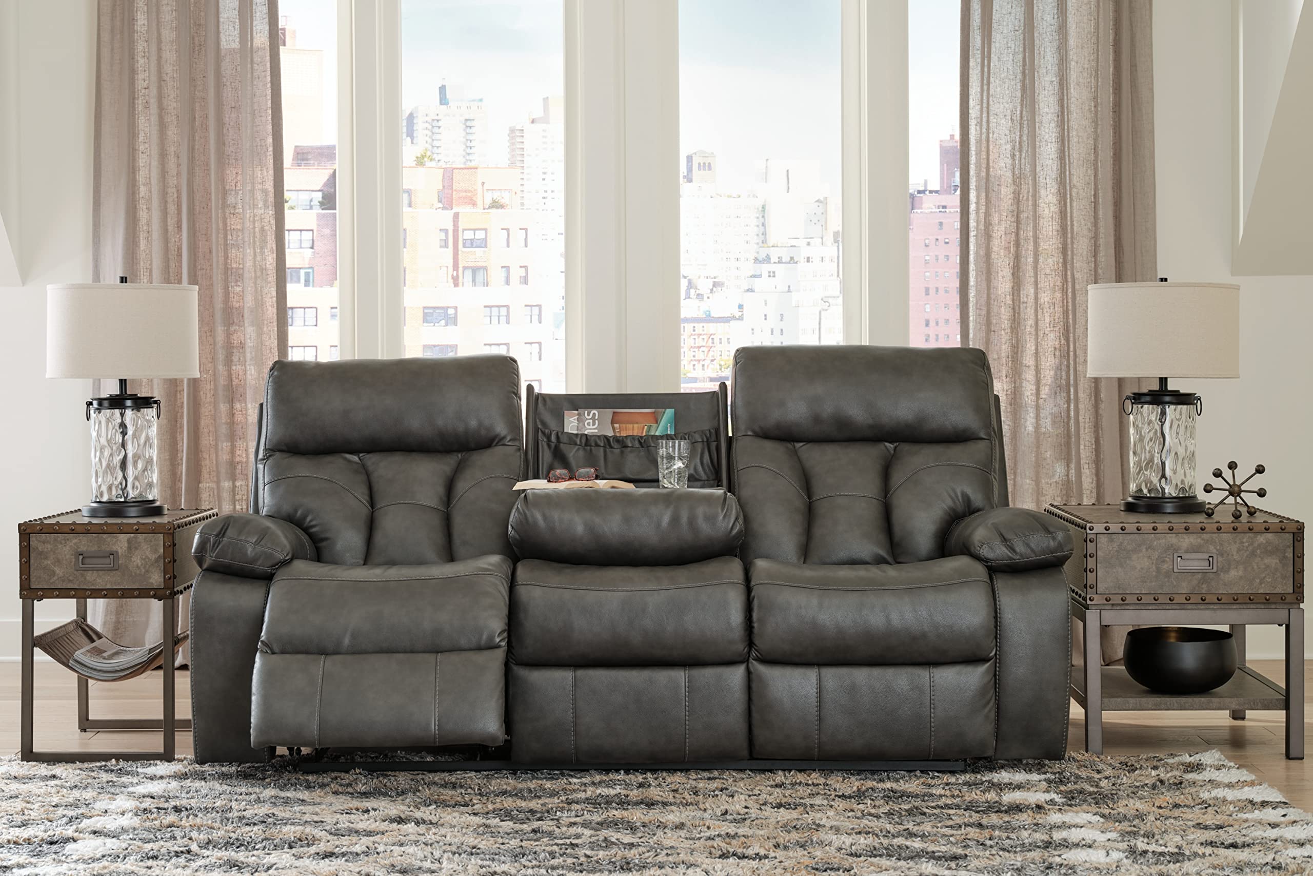 Signature Design by Ashley Willamen Modern Tufted Faux Leather Reclining Sofa with a Drop Down Table, Dark Gray