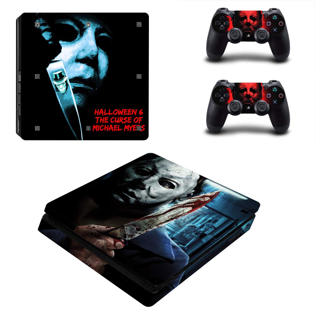 Decal Moments PS4 Slim Console Skin Set Vinyl Decal Sticker for Playstation 4 Slim Console Dualshock 2 Controllers-Halloween Horror (PS4 Slim Only)