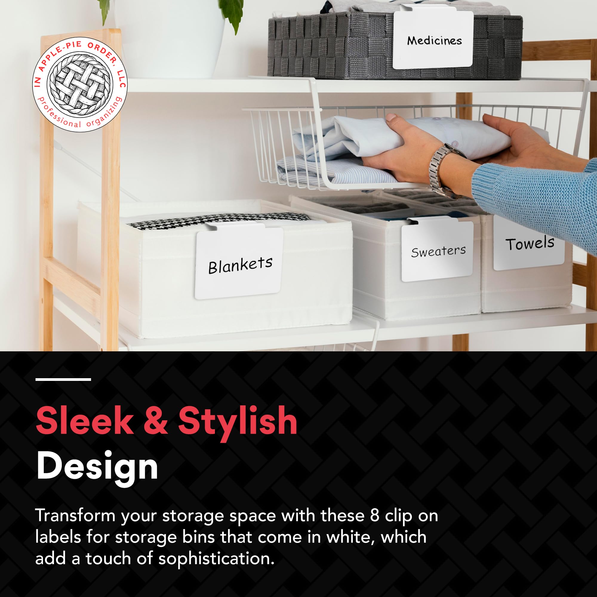 Labels for Storage Bins | Metal Storage Bin Labels (2.5” x 3.5”) - Set of 8 Basket Clip On Labels for Storage Bins w/Non-Slip Grip Pads & Dry Erase Marker - Removable Bin Labels for Storage Bins