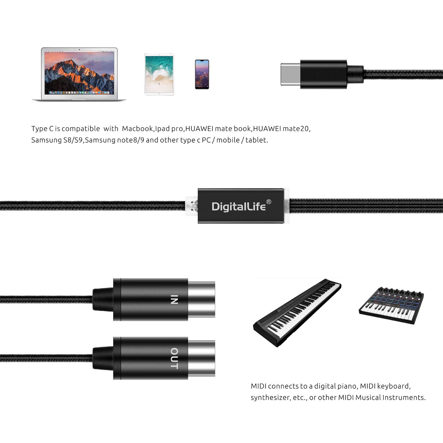 DigitalLife MIDI-A01 | USB-C to MIDI Interface Converter Adapter with LED Indicator (5-Pin, 1 in/Out)