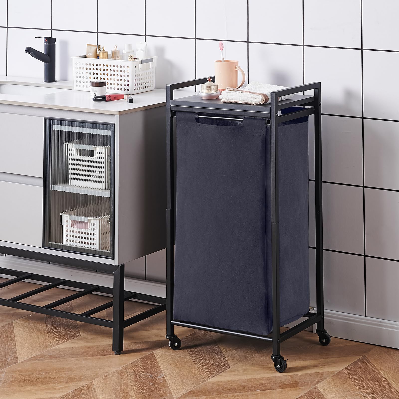 Mxfurhawa Laundry Hamper with Wheels,Rolling Laundry Basket with Shelf,Laundry Sorter Removable Laundry Bags, Large Laundry Basket with Wheels for Home, Laundry Room (Dark Gray-1)
