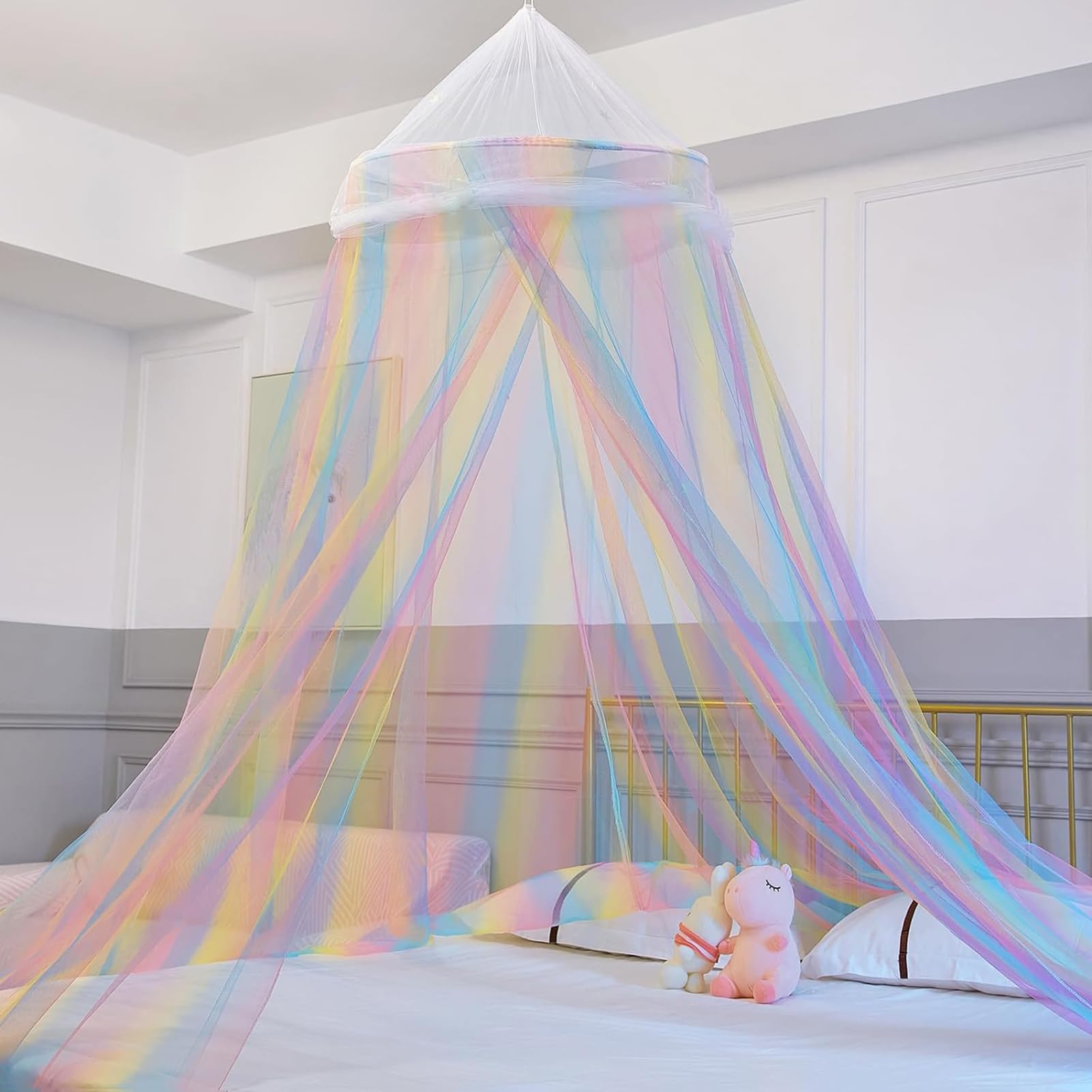 FIOBEE Bed Canopy Bed Curtains Mosquito Net Room Décor with Stars for Bedroom, Rainbow