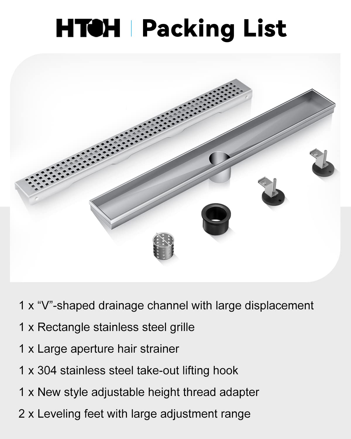HTOH Shower Drain, Linear Shower Drain 24 Inch(Brushed Nickel),Modern 304 Stainless Steel Shower Floor Drain with Grate Removable, Adjustable Leveling Feet, Rectangular Shower Drain
