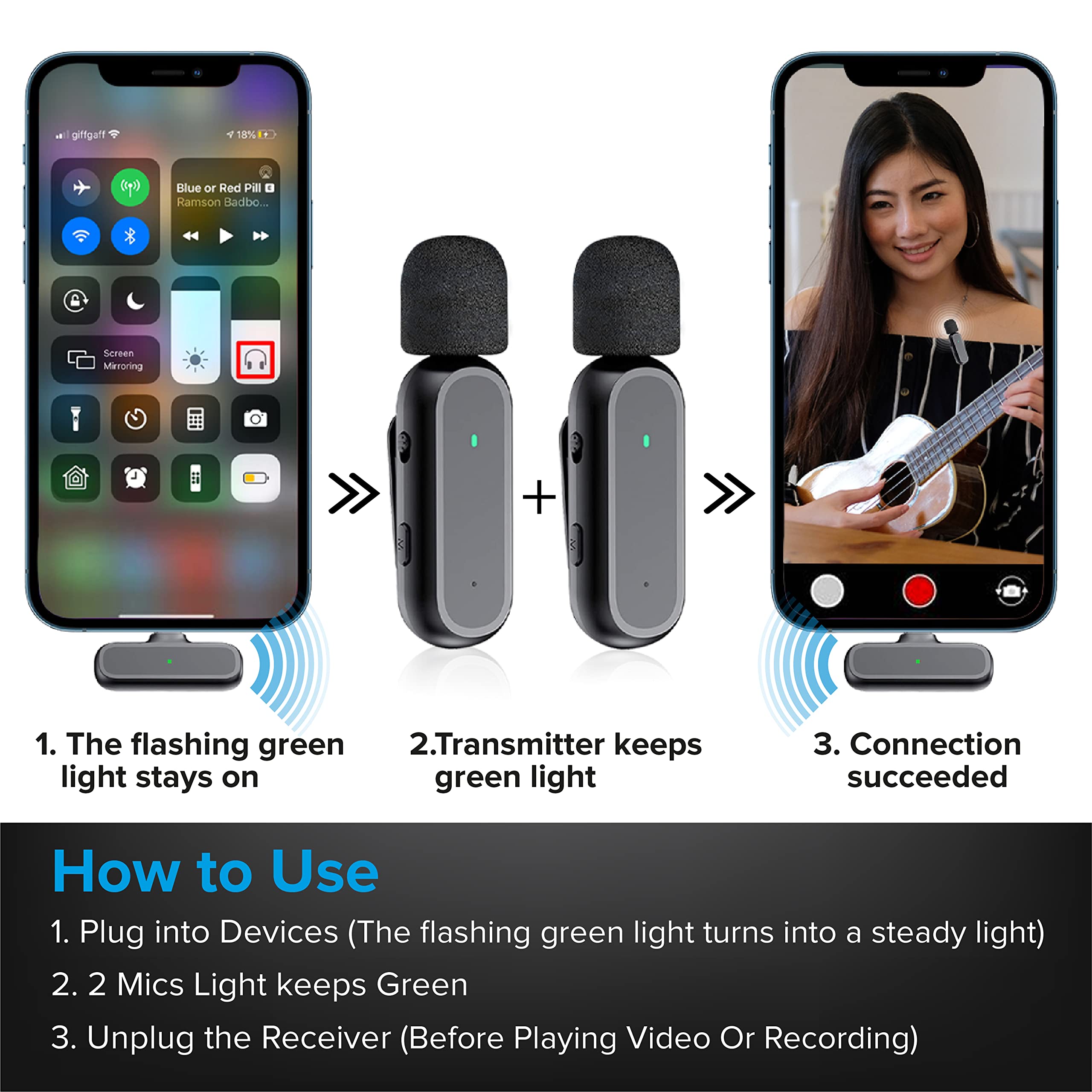 Dual Wireless Lavalier Microphone for iPhone & Android, Best Lapel Mic for Video Recording, YouTube, TikTok, IG, Podcasts & Interviews - Noise Reduction, Plug & Play, Includes Charging Case