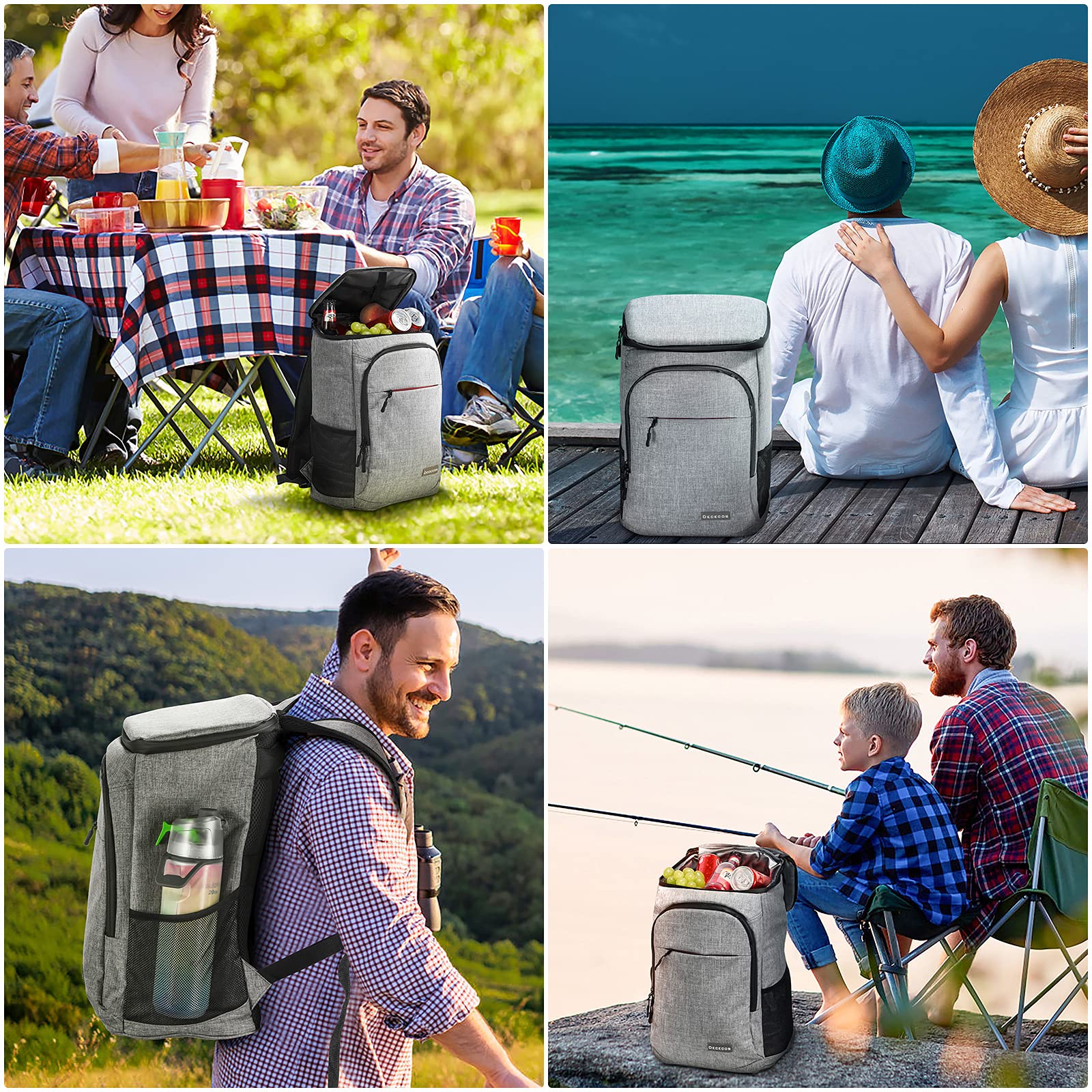 Dececos Cooler Backpack Grey with Corkscrew Soft Waterproof Adjustable Blanket Fixing Strap, Leak-Proof Insulated Cooler Bag for Camping, Hiking, Beach, Travel