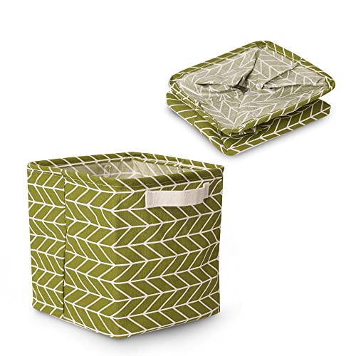 EZOWare 6 Pcs Green Pattern Collapsible Linen Canvas Fabric Cube Storage Bin Baskets + 4 Closet Wardrobe Dresser Drawer Organizer Divider For Organizing Nursery Baby Clothes
