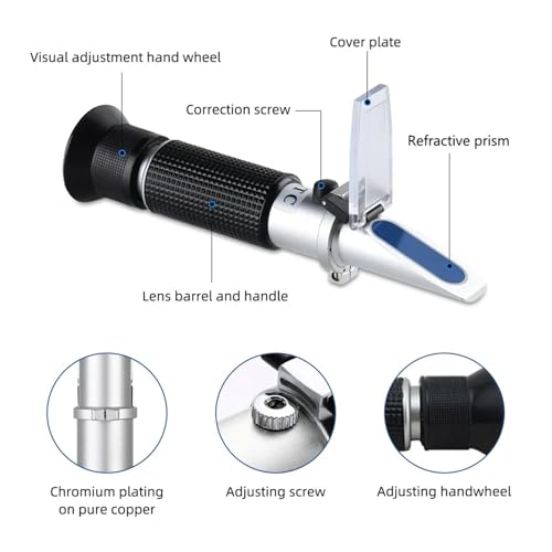 KYKYK Refractometer, Portable 3 in 1 Hand Held Grape & Alcohol Wine Refractometer (Brix, Baume and W25V/V Scales) for Fruit, Homebrewing, Juice, Vegetables