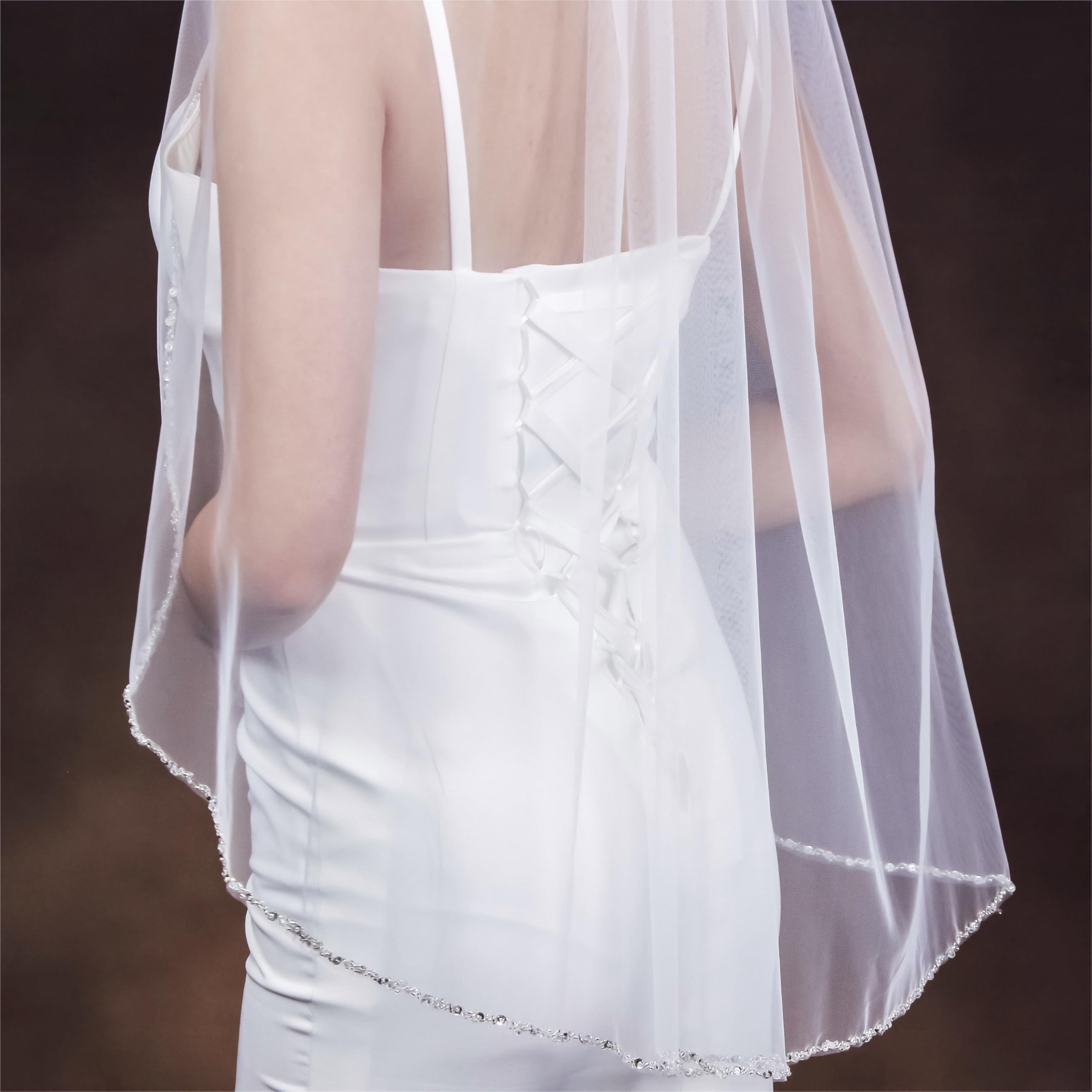 HONGMEI Wedding Veil for Brides 1 Tier Crystal Beaded Fingertip Length Bridal Veil with Comb