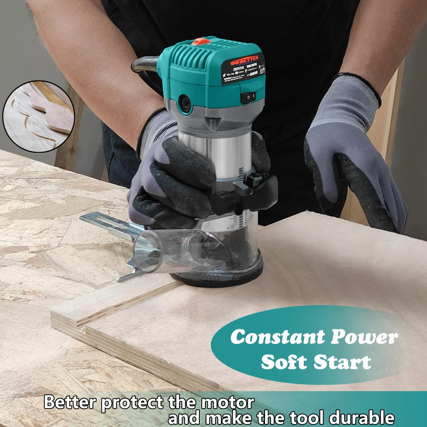 Dobetter 6.5-Amp Wood Router Tool, 1.25 HP Compact Trim Router with 6 Variable Speed, 12 Wood Router Bits, 1/4" & 3/8" Collets and Dust Hood -DBTR700
