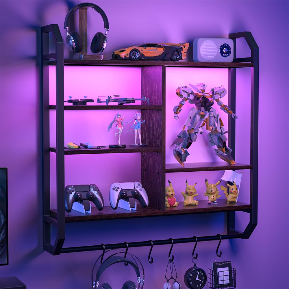 Nidouillet Gaming Floating Shelves, Large LED Wall Mounted Display Shelf, Adjustable Hanging Pipe Shelf Bookshelf with Lights 6 Hooks for Game Living Room Bedroom Coffee Bar Kitchen Decor Black