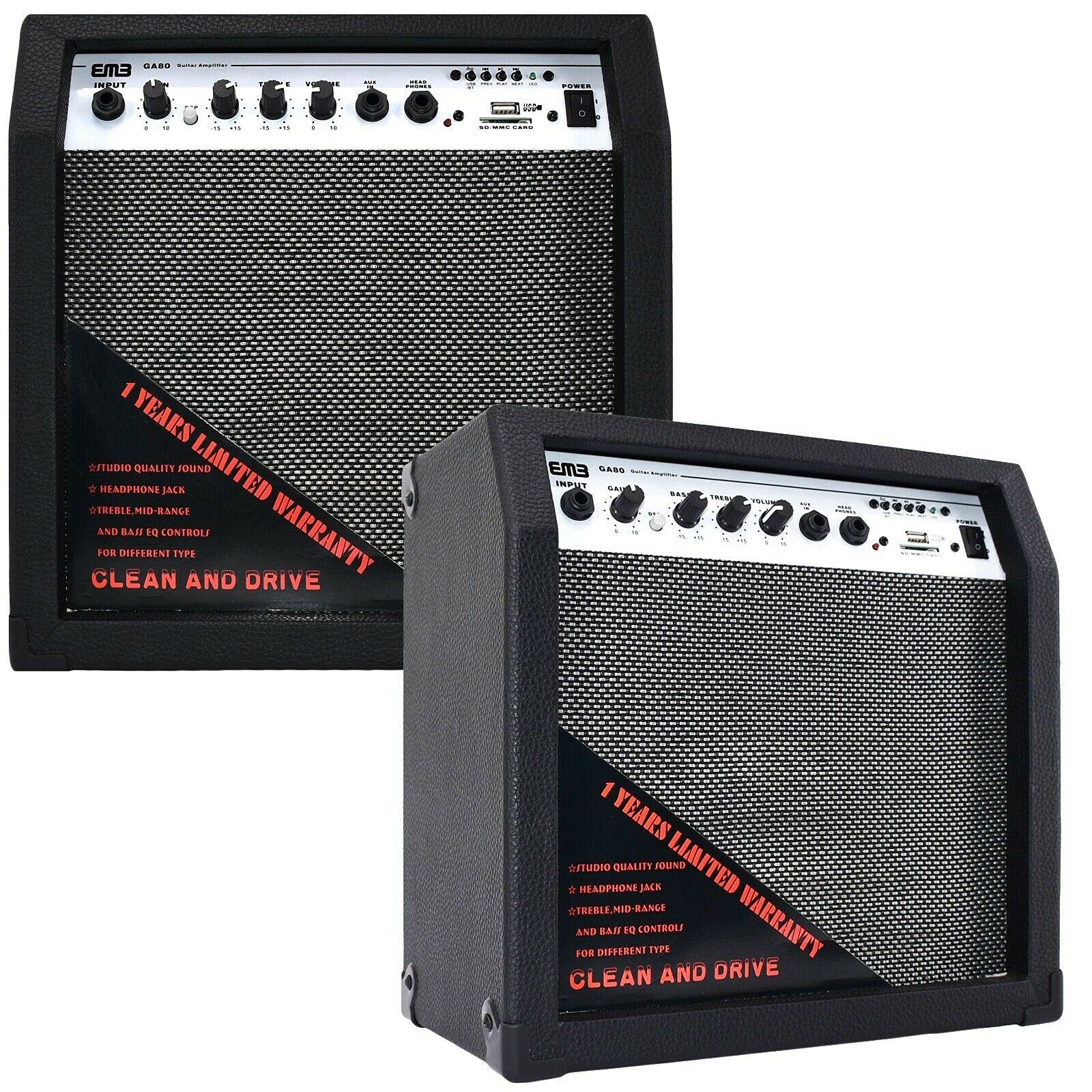 EMB GA80 350 Watts 8" Electric Guitar Amplifier Speaker Portable Powerful Studio and Stage Cabinet PreAMP β with Built in Headphone Jack and 2 Inputs and SD USB AUX Bluetooth (Black)