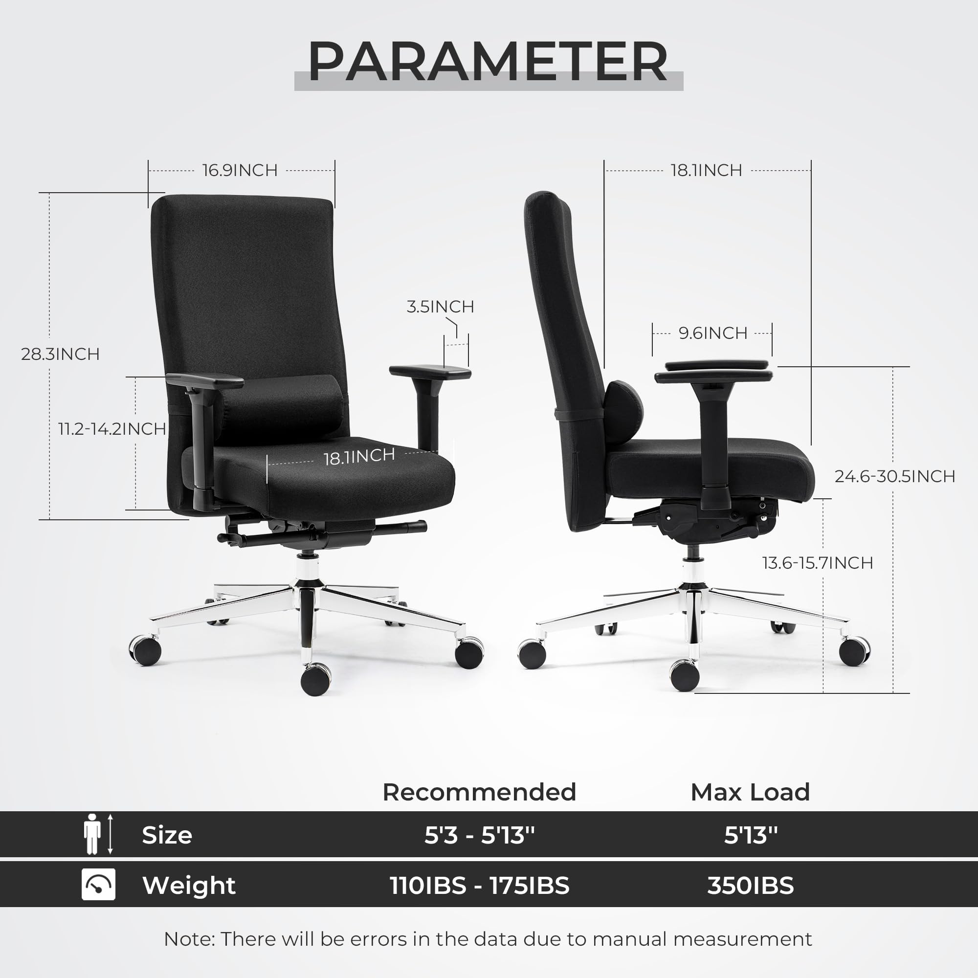 Dowinx Ergonomic Office Chair with Adjustable Seat Depth, Reclining Desk Chair with Lumbar Support, Fabric Computer Chair with 3D Armrest for Adults 350Lbs, Task Chair for Home Work, Executive Black