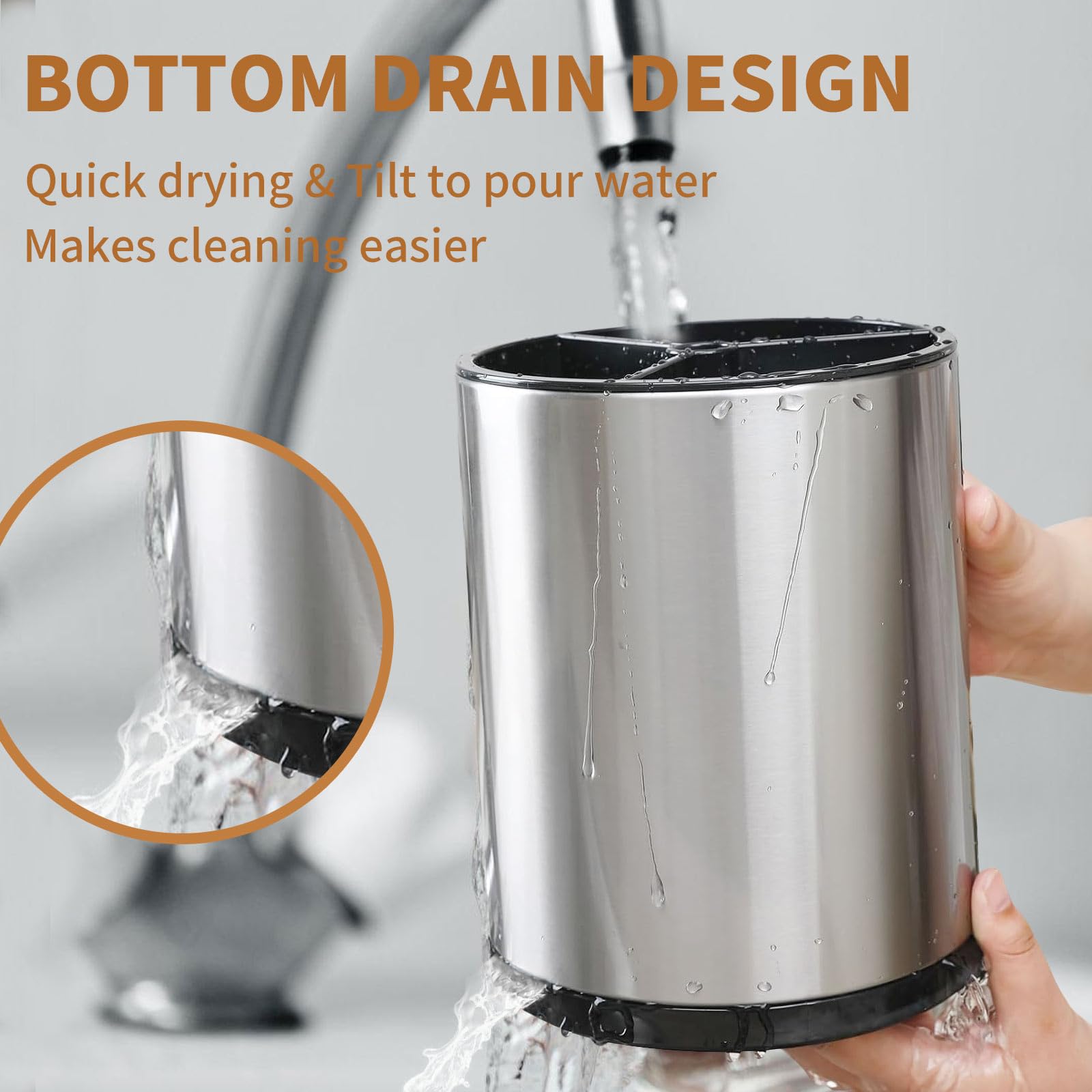 Nigelia Extra Large Kitchen Utensil Holder - 360° Rotating Stainless Steel Cooking Utensil Holder for Countertop, 3 Compartment Flatware Organizer & Utensil Caddy with Removable Base(Silvery)