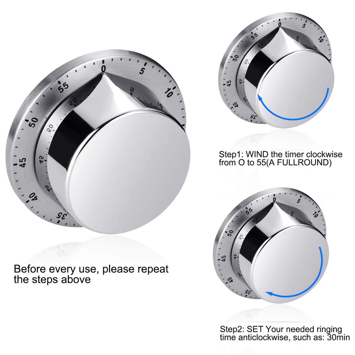 Kitchen Timer,Magnetic Kitchen Timer Kitchen Cooking Timer Clock with Bell Alarm Clock,No Battery Needed,100% Mechanical-Magnetic Backing, Exquisite Stainless Steel Body, Countdown Reminder, (Round)