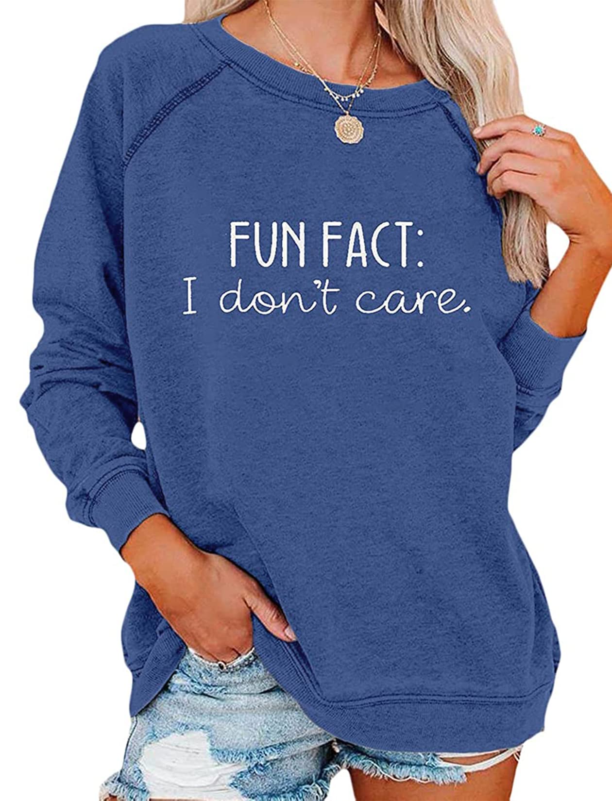 EADINVE "FUN FACT: I don't care Letter Print Women's Crewneck Sweatshirt Raglan Long Sleeve Casual Pullover Tops Blue Medium