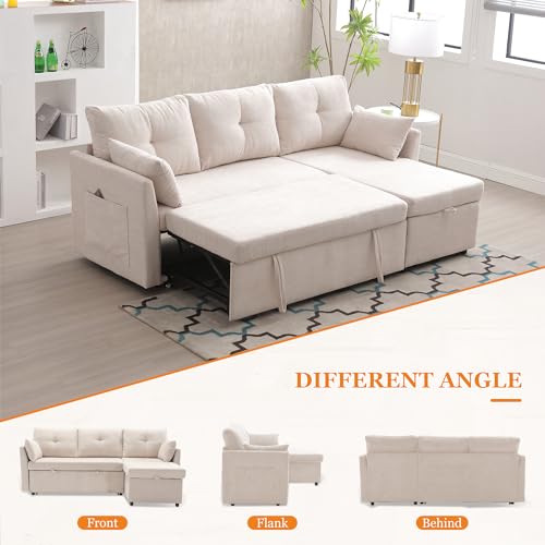 KYLE & KAY Convertible Sleeper Sofa Bed, L-Shaped Sectional Couch with Storage Chaise, Pull-Out Modular Chenille Sofa Bed for Small Apartments,Living Room and Office, Beige