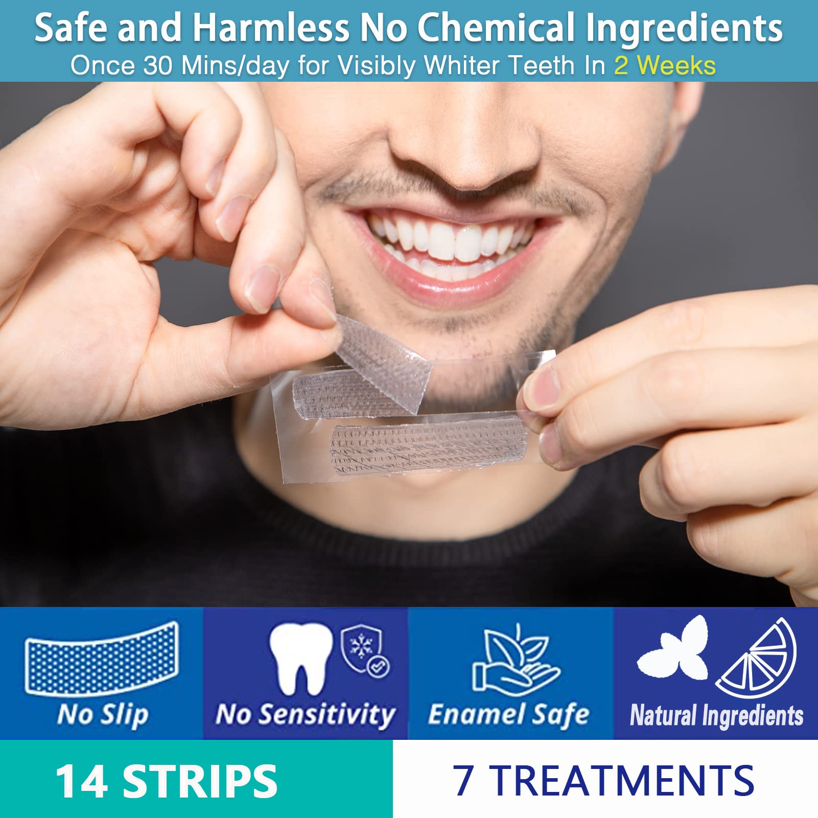 Teeth Whitening Strips, Enamel Safe White Teeth Whitening Kit, 5D Teeth Whitener for Sensitive Teeth Whitening, 30-Minute Express Whiting, Non-Toxic, 14 Pcs 7 Treatment (Each with 1 Upper / 1 Lower)