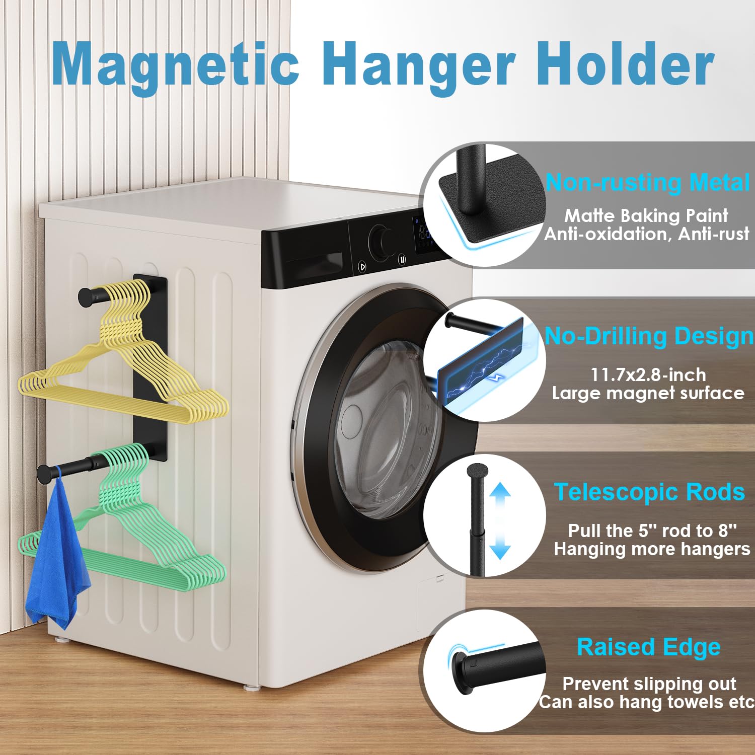 MFTEK Hanger Organizer Stacker, Magnetic Hanger Holder, Extendable Hanger Storage Rack for Washing Machine Closet Laundry Room Organization, Hanger Stand Rack for Adult Kids Velvet Hangers (Black)