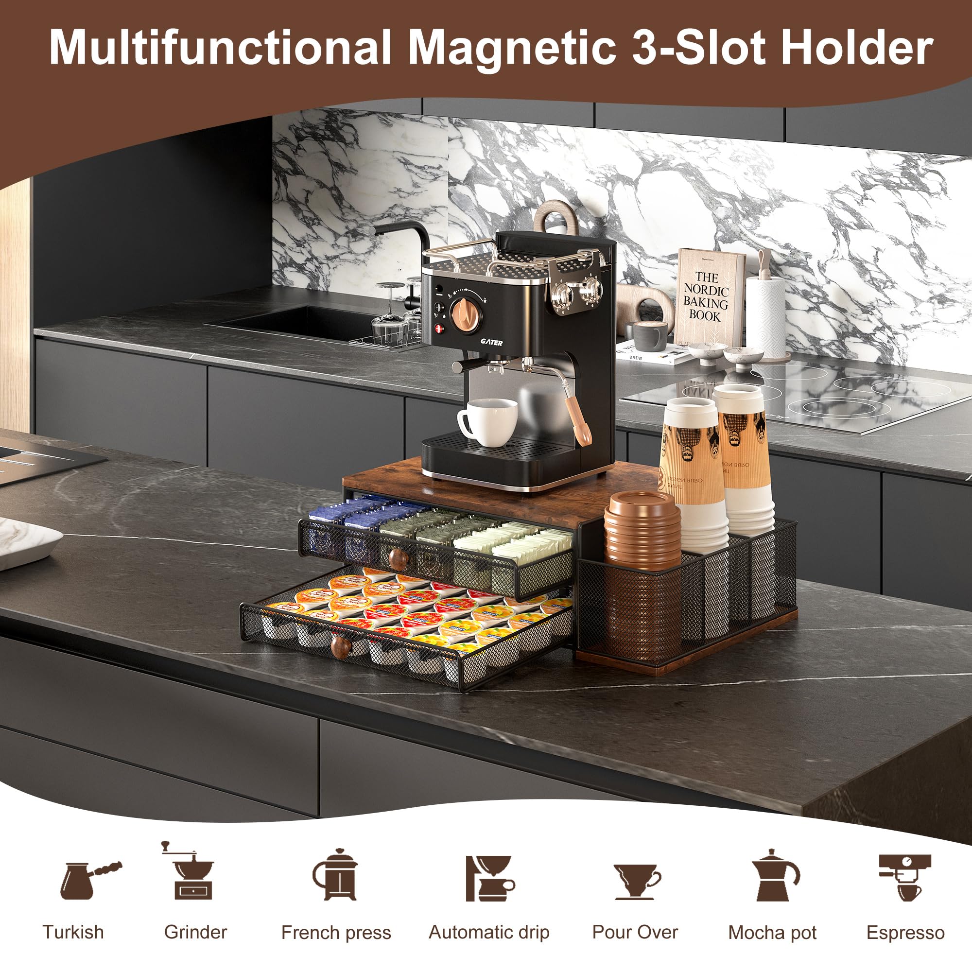 IZLIF Coffee Pod Stand 60 Capacity Coffee Cup Holder 2 Tier Coffee Pods Drawer Organizer for Countertop Coffee Bar Station Organizer with Disposable Cups Lids Holder, Black