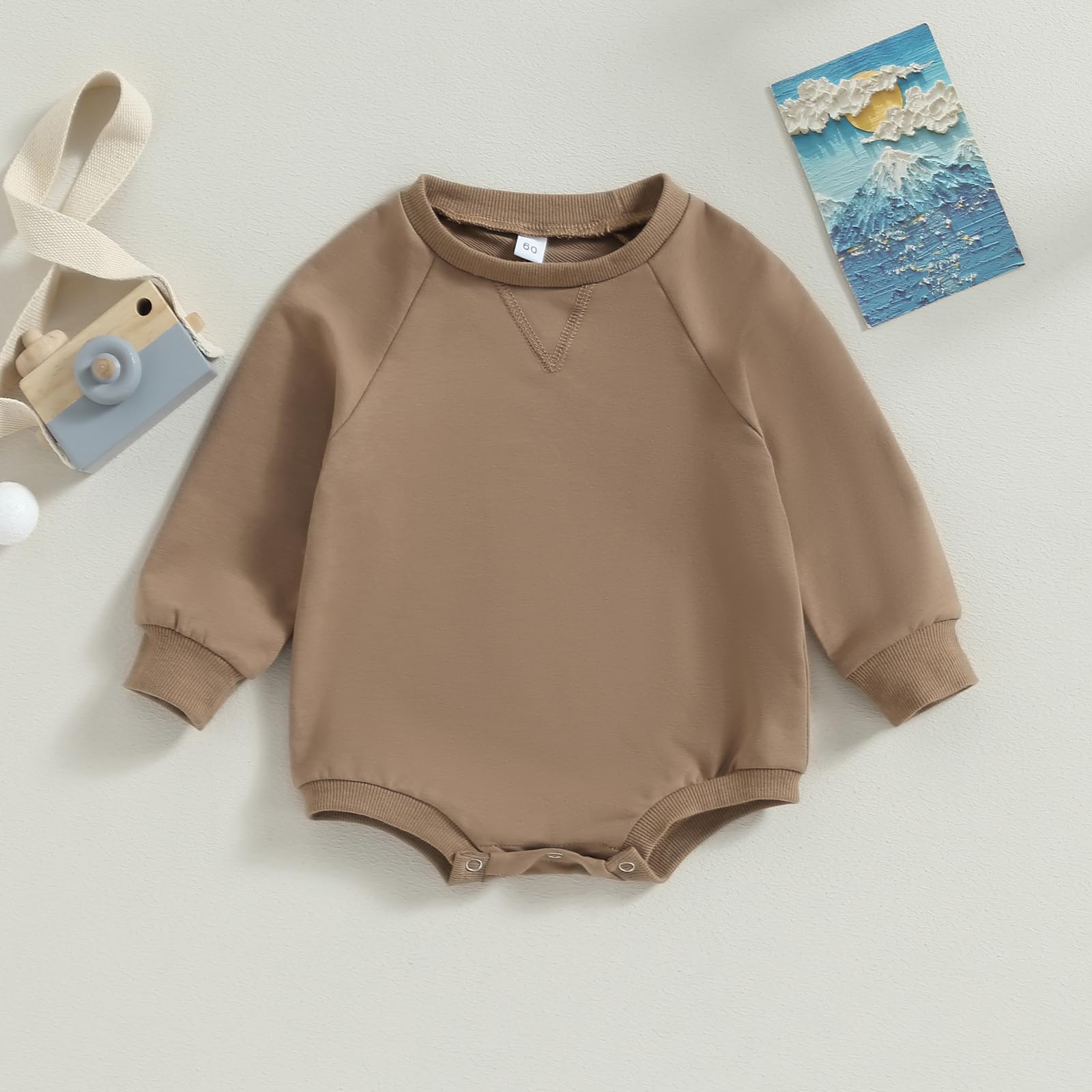Ehfomius Baby Boy Girl Sweatshirt Romper Oversized Sweater Onesie Basic Solid Crewneck Long Sleeve Romper Fall Winter Clothes (Khaki, 6-12 Months)