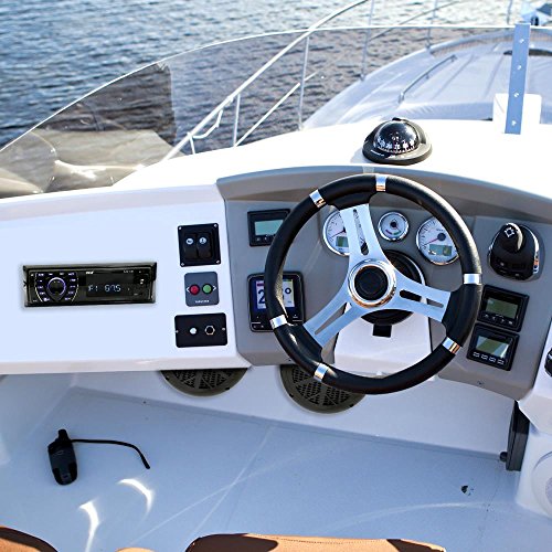 Pyle Marine Headunit Receiver Speaker Kit - In-Dash LCD Digital Stereo Built-in Bluetooth & Microphone w/AM FM Radio System 5.25ββ Waterproof Speakers (2) MP3/SD Readers & Remote Control - PLMRKT46BK