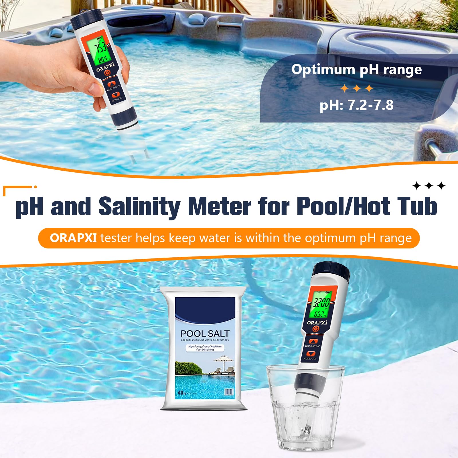 Pool Salt Tester pH Meter ORAPXI Salinity Meter and pH Tester PPM EC Meter with LCD Screen 5 in 1- Salt pH TDS EC Meter for Saltwater Pool, Hot Tubs, Spas, Aquarium, Hydroponics System, Home Brew