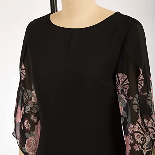 Women 3/4 Sleeve Loose Chiffon Dress Shift Dress Midi Black-Pink Flower-2 XL