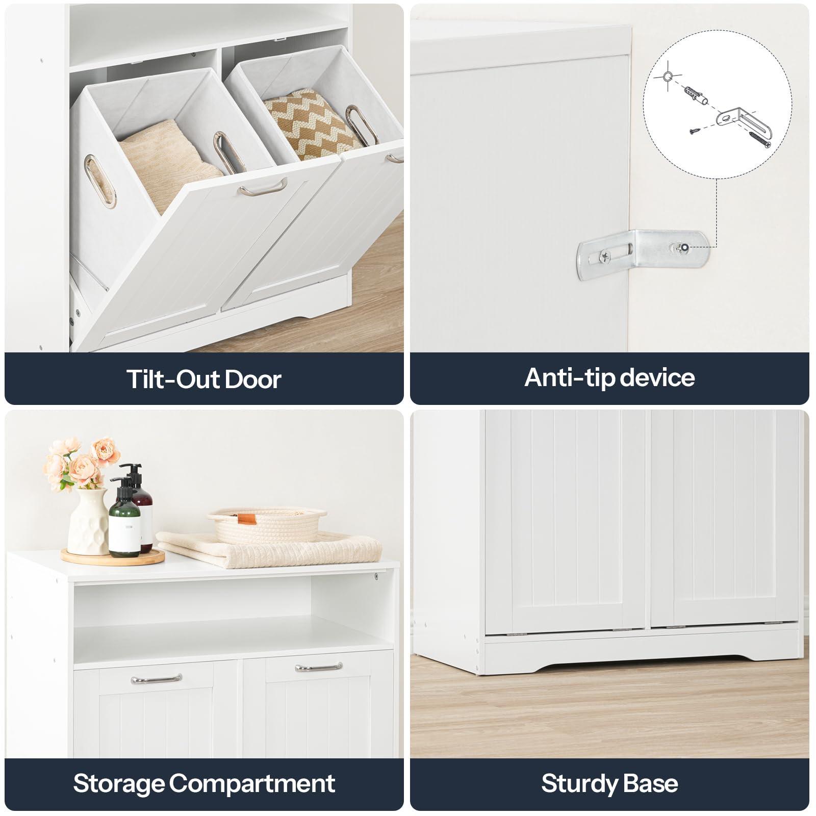 HOOBRO Laundry Cabinet, Tilt-Out Laundry Hamper, Pull Out Laundry Sorter with 2 Removable Basket and Open Shelving, Storage Cabinet for Laundry Room, Bathroom, Living Room, White WT80XY01