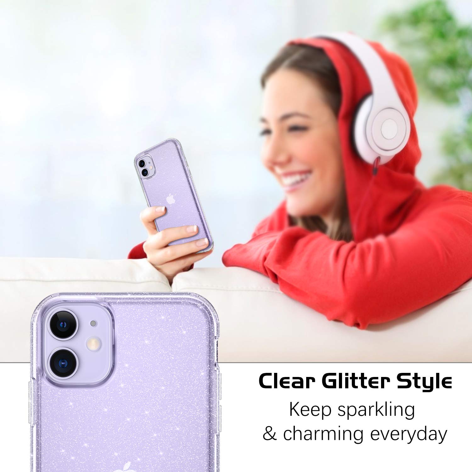 DOMAVER iPhone 11 Case Clear iPhone 11 Glitter Case Sparkle Slim Lightweight Anti-Slip Shockproof Protective Phone Cover Women Men