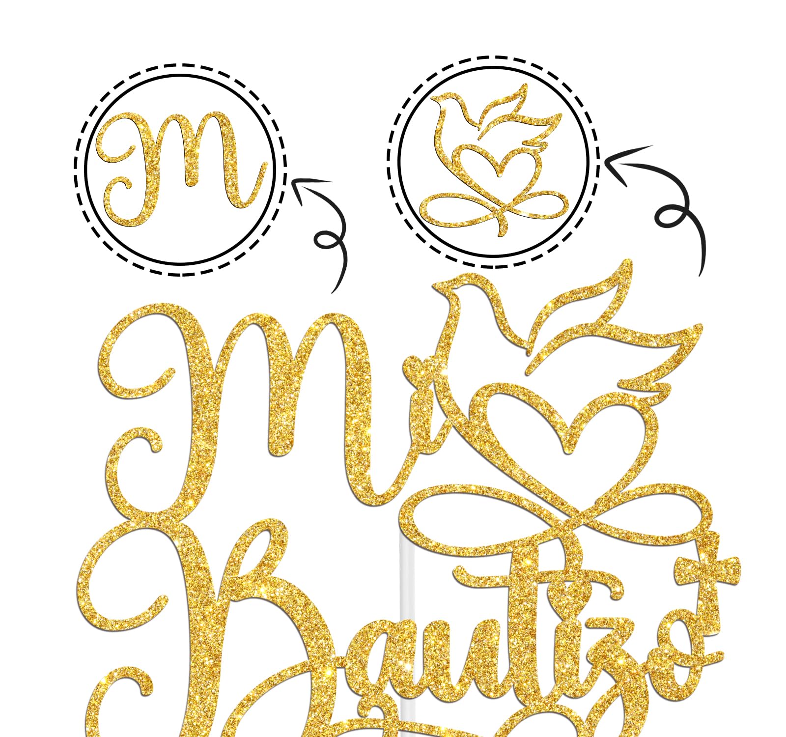 Mi Bautizo Cake Topper, Spanish First Holy Communion, My Baptism Day, Bridal Shower/Wedding/Baptism/Christening Baby Shower Party Decorations, Gold Glitter