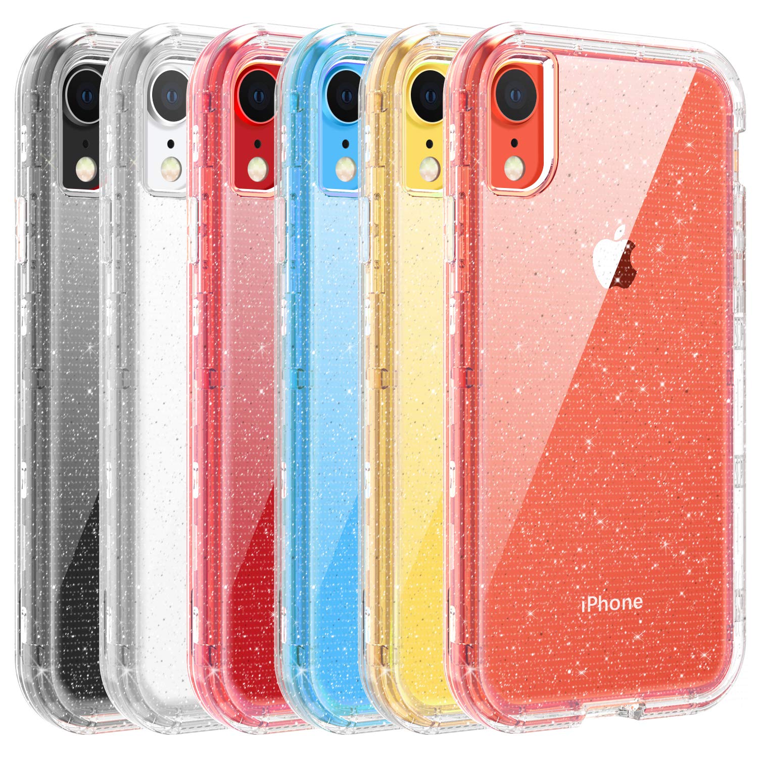 DOMAVER iPhone XR Case Clear Glitter Bling iPhone XR Phone Case Heavy Duty 3 Layers Bumper Shockproof Protective Cover-Clear