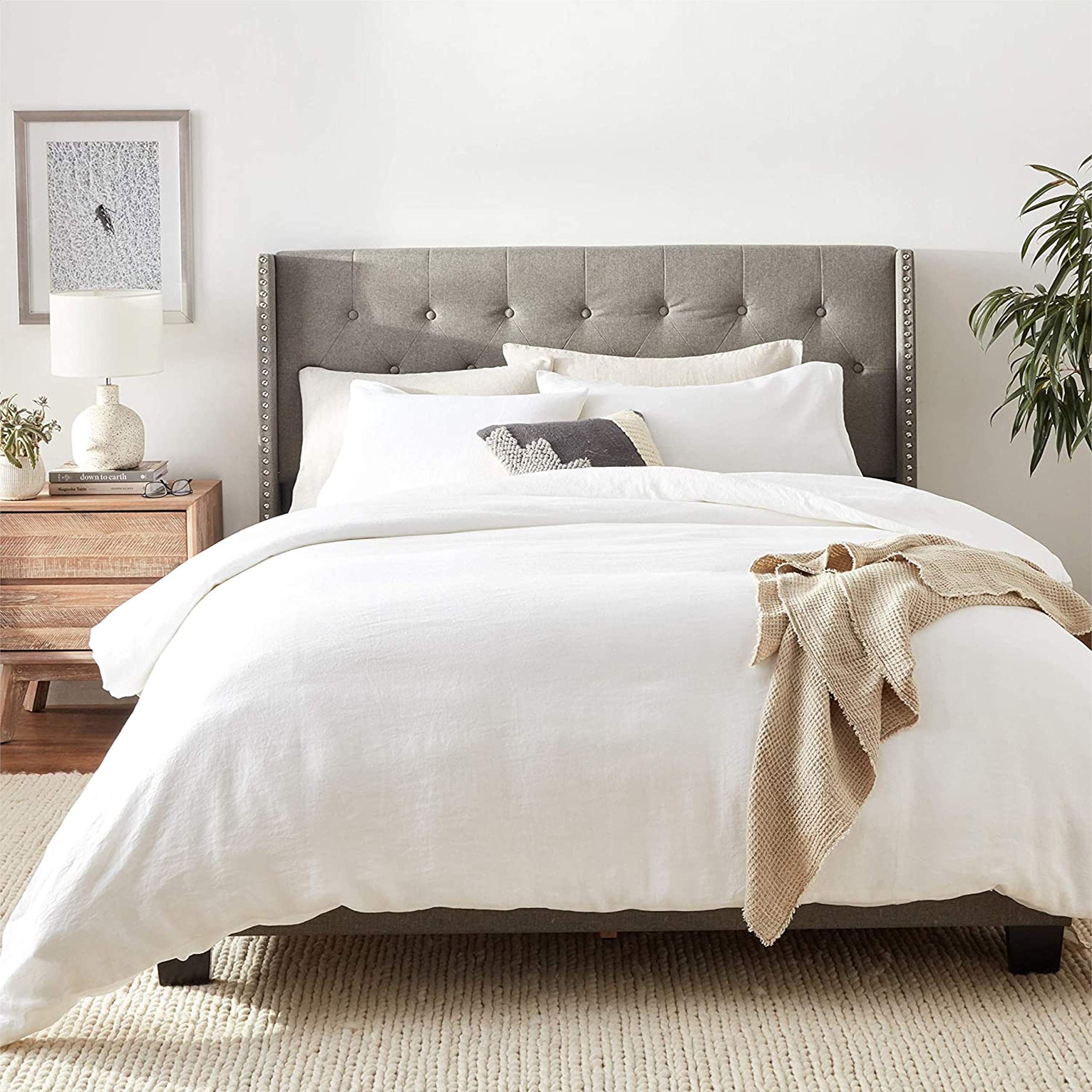 DG Casa Bardy Upholstered Panel Bed Frame with Diamond Tufted and Nailhead Trim Wingback Headboard, Queen Size in Gray Fabric