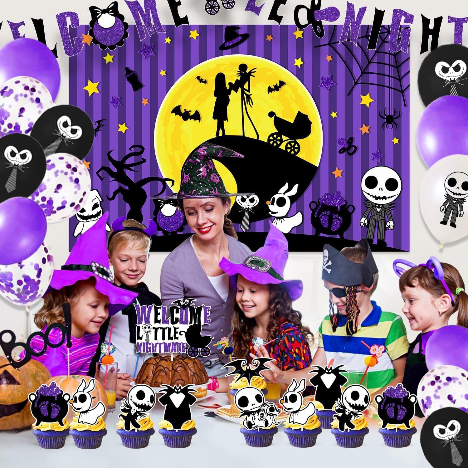 Nightmare Christmas Baby Shower Decorations, Welcome Little Night Before Halloween Birthday Party Decorations Includes Banner, Backdrop, Balloons,Cake Topper and Cupcake Toppers