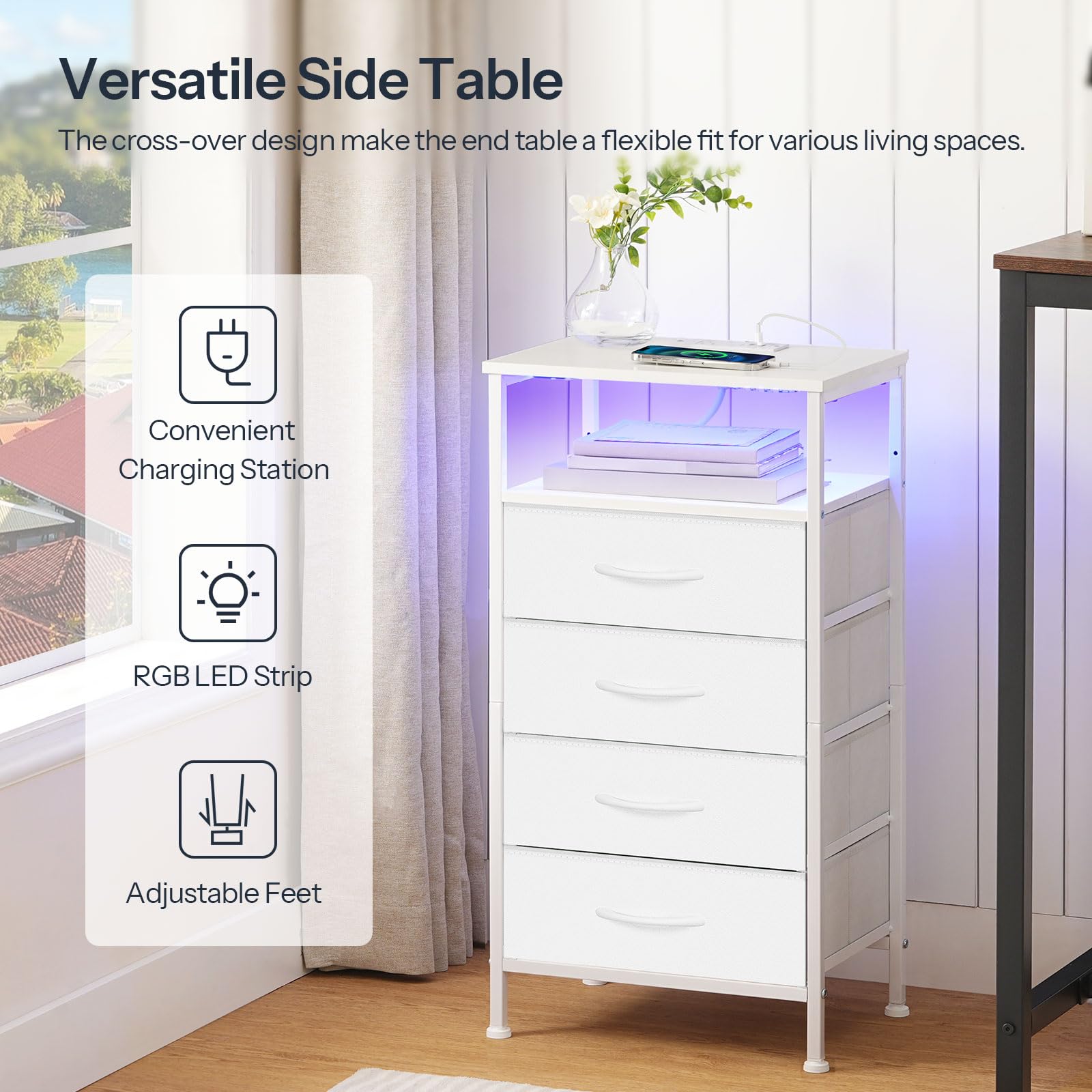 HOOBRO Nightstand with Charging Station and LED Light, End Table with 4 Fabric Drawers, Bedside Table with Outlet and USB Ports, Tall Night Stand for Bedroom, White WT404UDBZ01