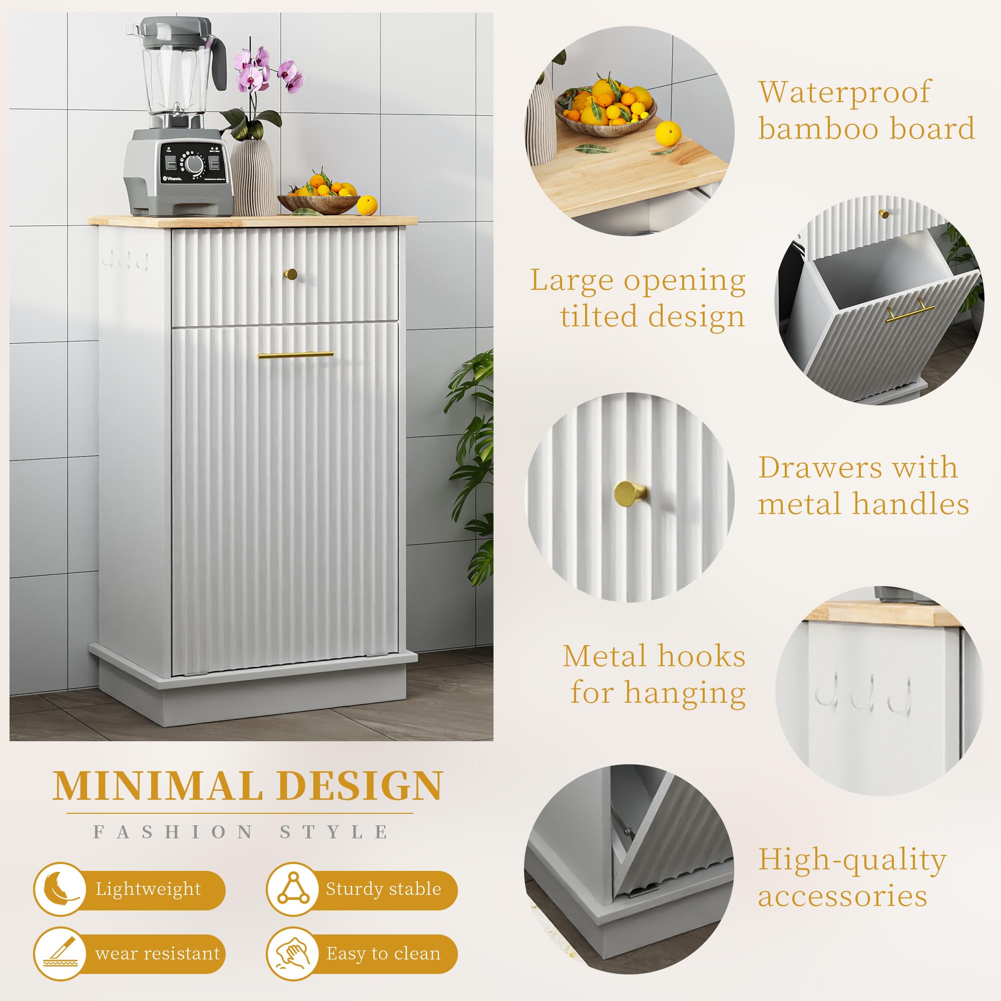 Jluomei Tilt Out Trash Can Cabinet 10 Gallon, Kitchen Hidden Trash Cabinet Garbage Can Cabinet with Drawers Pet Proof Garbage Cabinet Tilt Out Laundry Hamper Cabinet