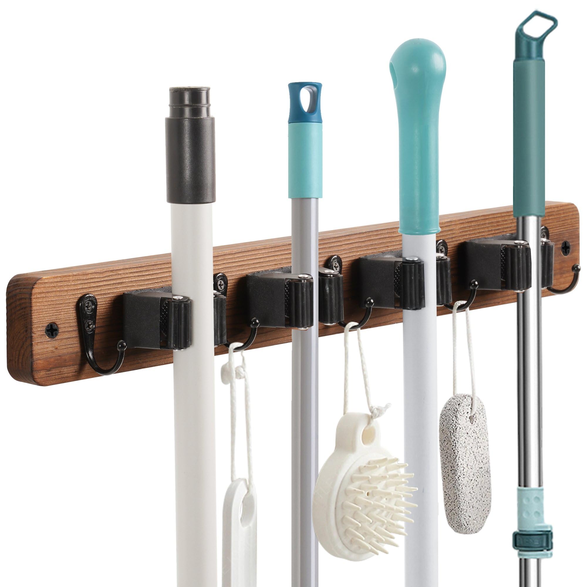 jabrand Broom Holder Wall Mount, Wood Mop and Broom Hanger with 4 Slots and 5 Hooks Laundry Room Organizer Tool for Home Garden Garage Yard Kitchen Closet Organization Storage Garden