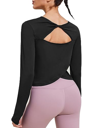 Pinspark Gym Shirts for Women Long Sleeve Workout Shirt Open Back Yoga Crop Top Solid Athletic Top Activewear,Black Small