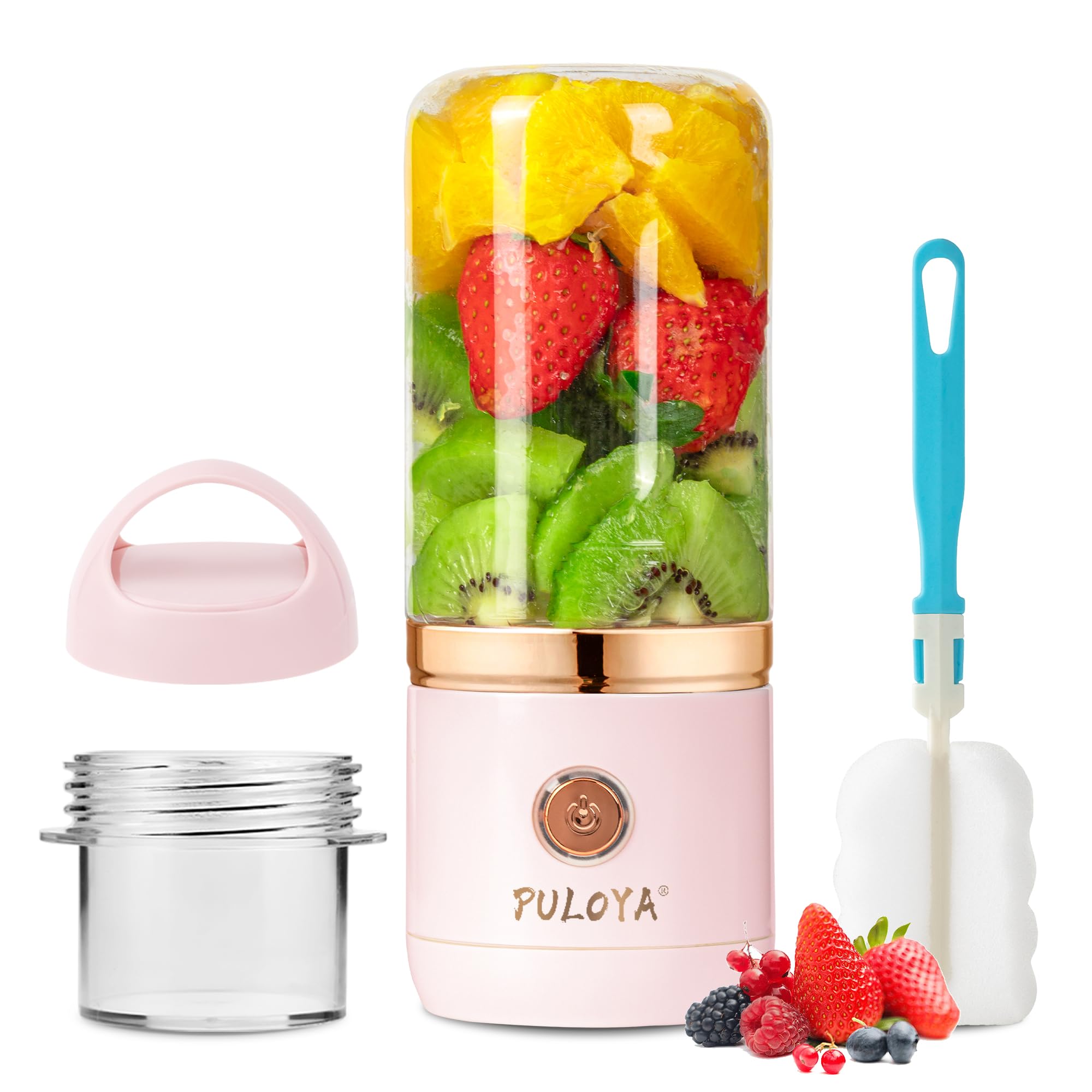 Portable Blender with Travel Cup, Cordless Rechargeable BPA Free14 Oz PULOYA Personal Juicer for Smoothies and Shakes, Pink